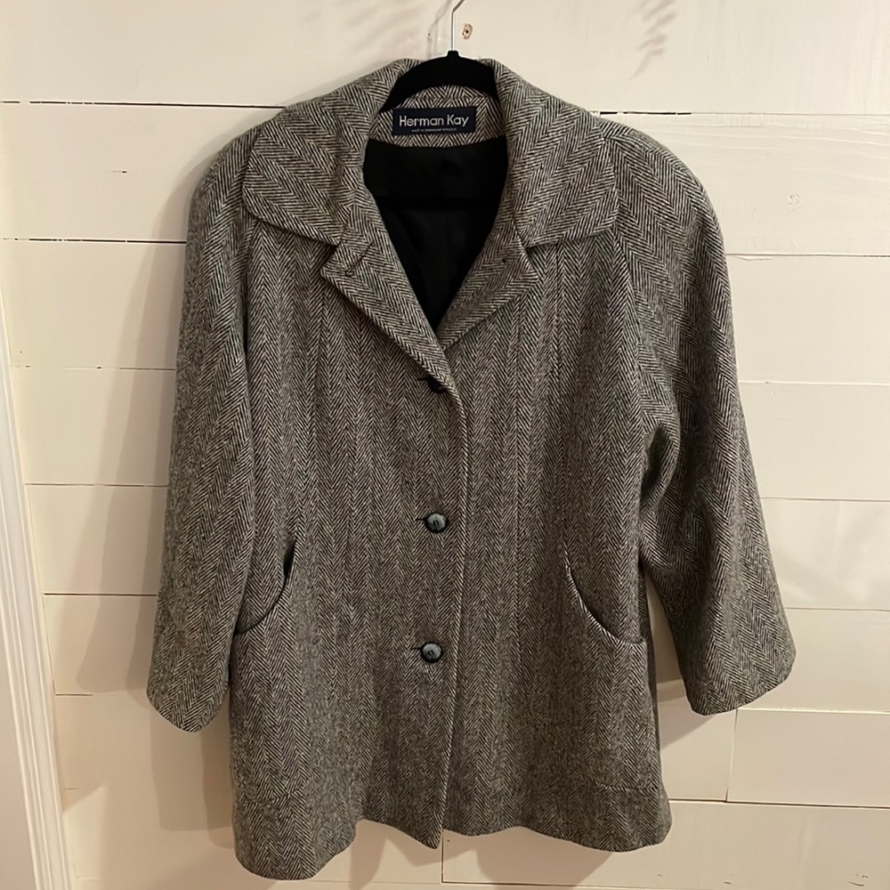 Vintage Herman Kay Herringbone Wool Coat, Size 12, Ex… - Gem